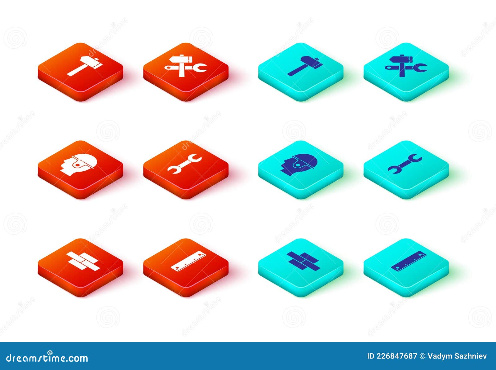 Set Bricks, Ruler, Worker Safety Helmet, Wrench Spanner, Hammer and ...