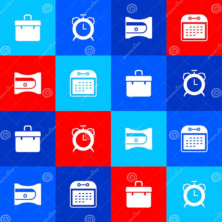 Set Briefcase, Alarm Clock, Pencil Sharpener and Calendar Icon. Vector ...