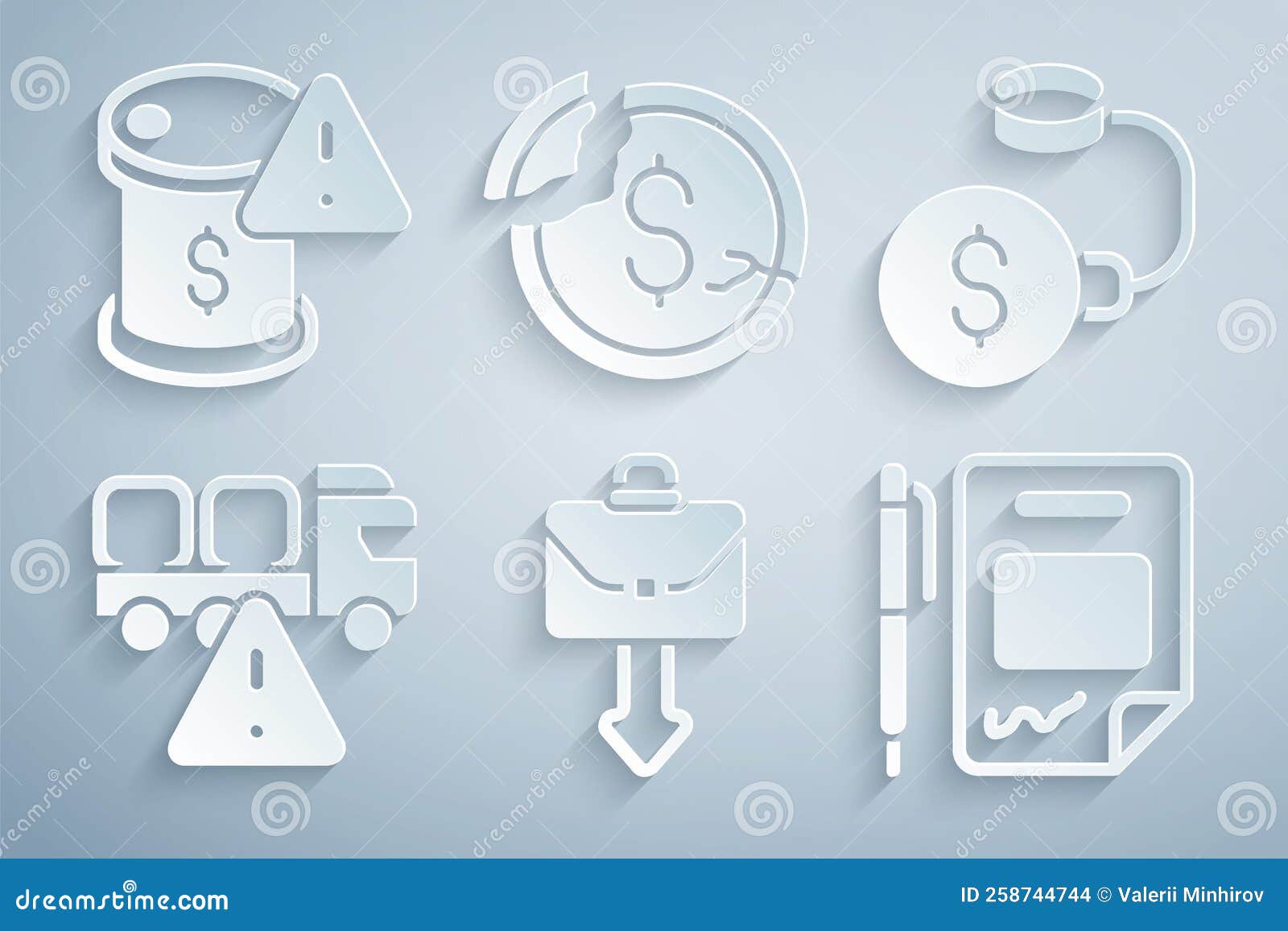 Set Briefcase, Debt Ball Chained To Coin, Stop Delivery Cargo Truck, Contract Money and Pen ...