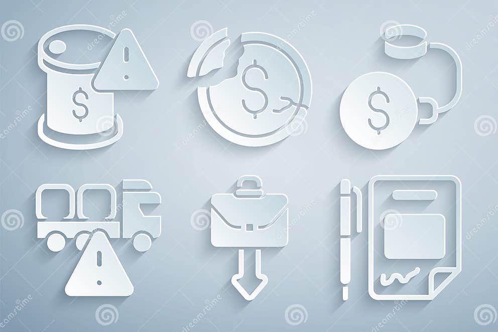 Set Briefcase, Debt Ball Chained To Coin, Stop Delivery Cargo Truck, Contract Money and Pen ...