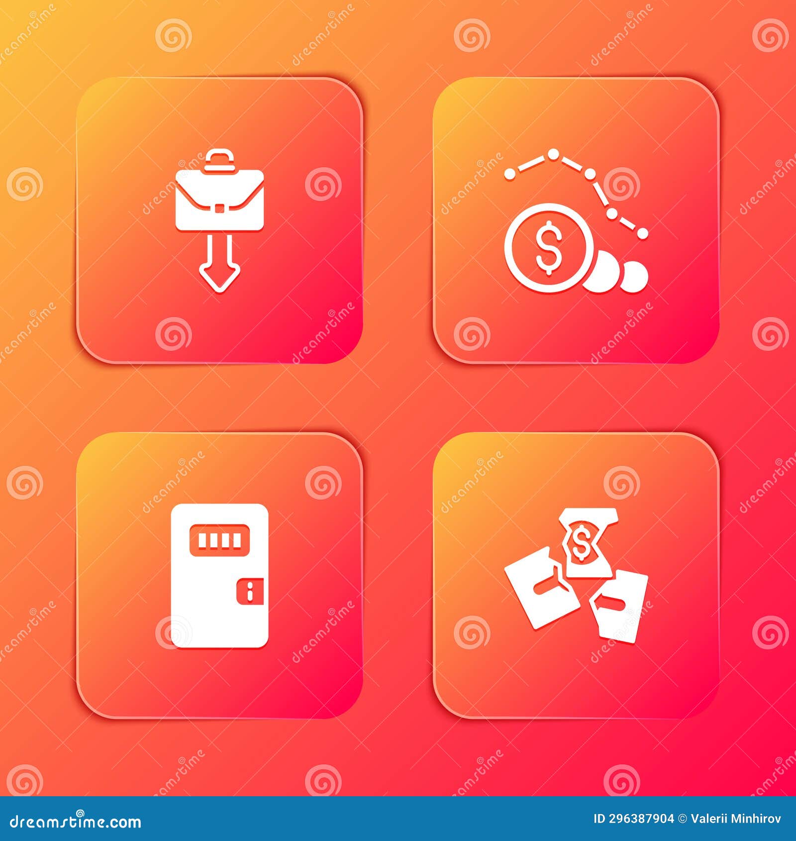 Set Briefcase, Dollar Rate Decrease, Prison Cell Door and Tearing Money Banknote Icon. Vector ...