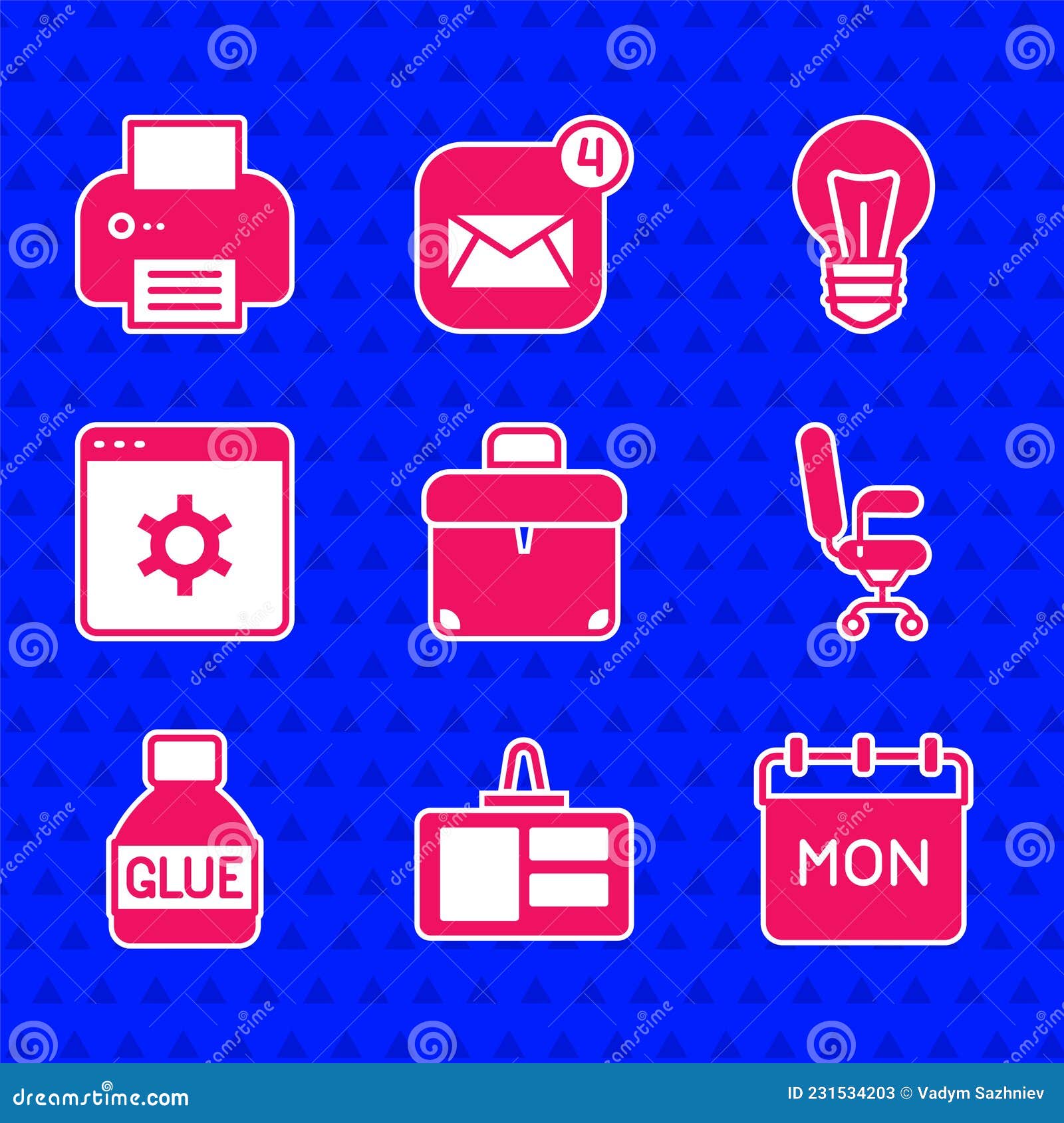 Set Briefcase, Identification Badge, Calendar, Office Chair, Glue ... Set Briefcase, Identification Badge, Calendar, Office Chair, Glue ...