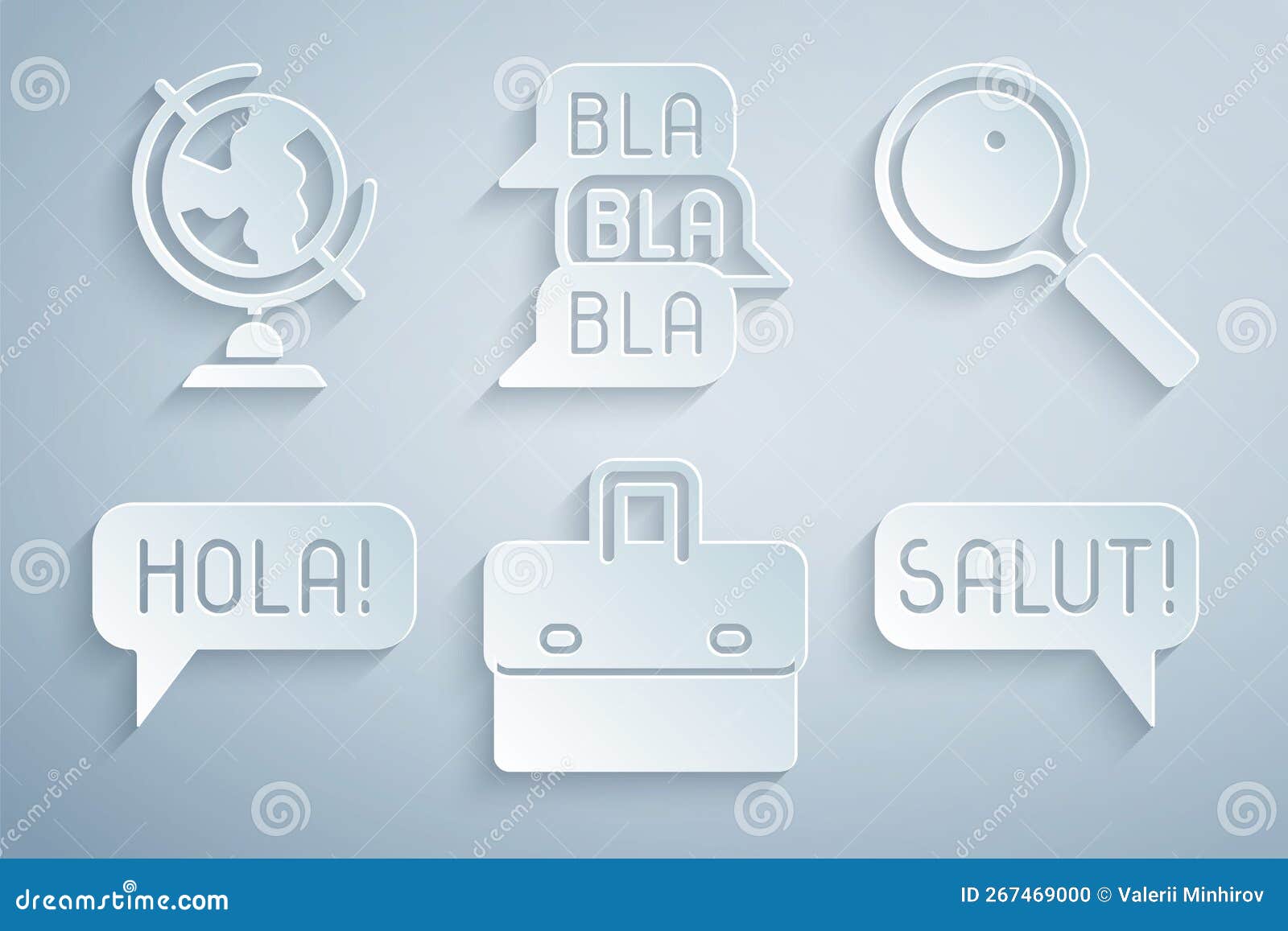 Set Briefcase, Magnifying Glass, Hola Different Languages, Salut ...