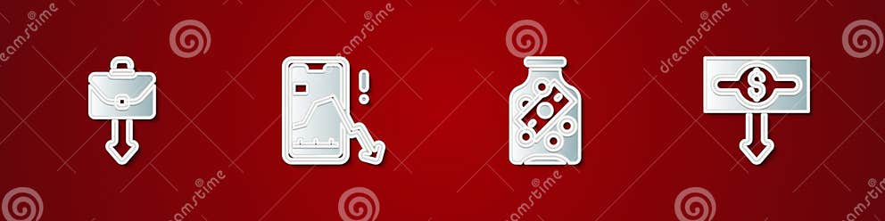 Set Briefcase, Mobile Stock Trading, Glass Money Jar with Coin and Dollar Rate Decrease Icon ...
