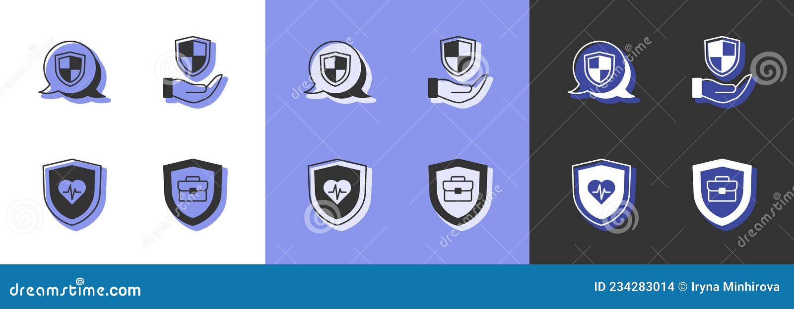 Set Briefcase with Shield, Shield, Life Insurance and Hand Icon. Vector ...