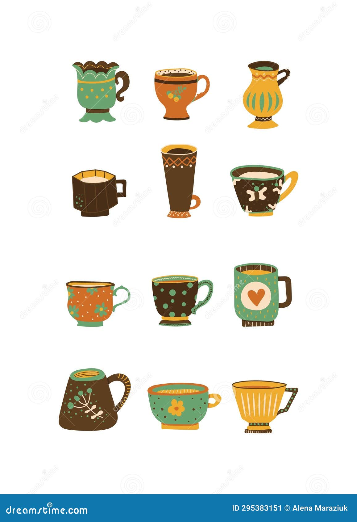 Set of Bright Beautiful Mugs in a Retro Style on a White Background ...