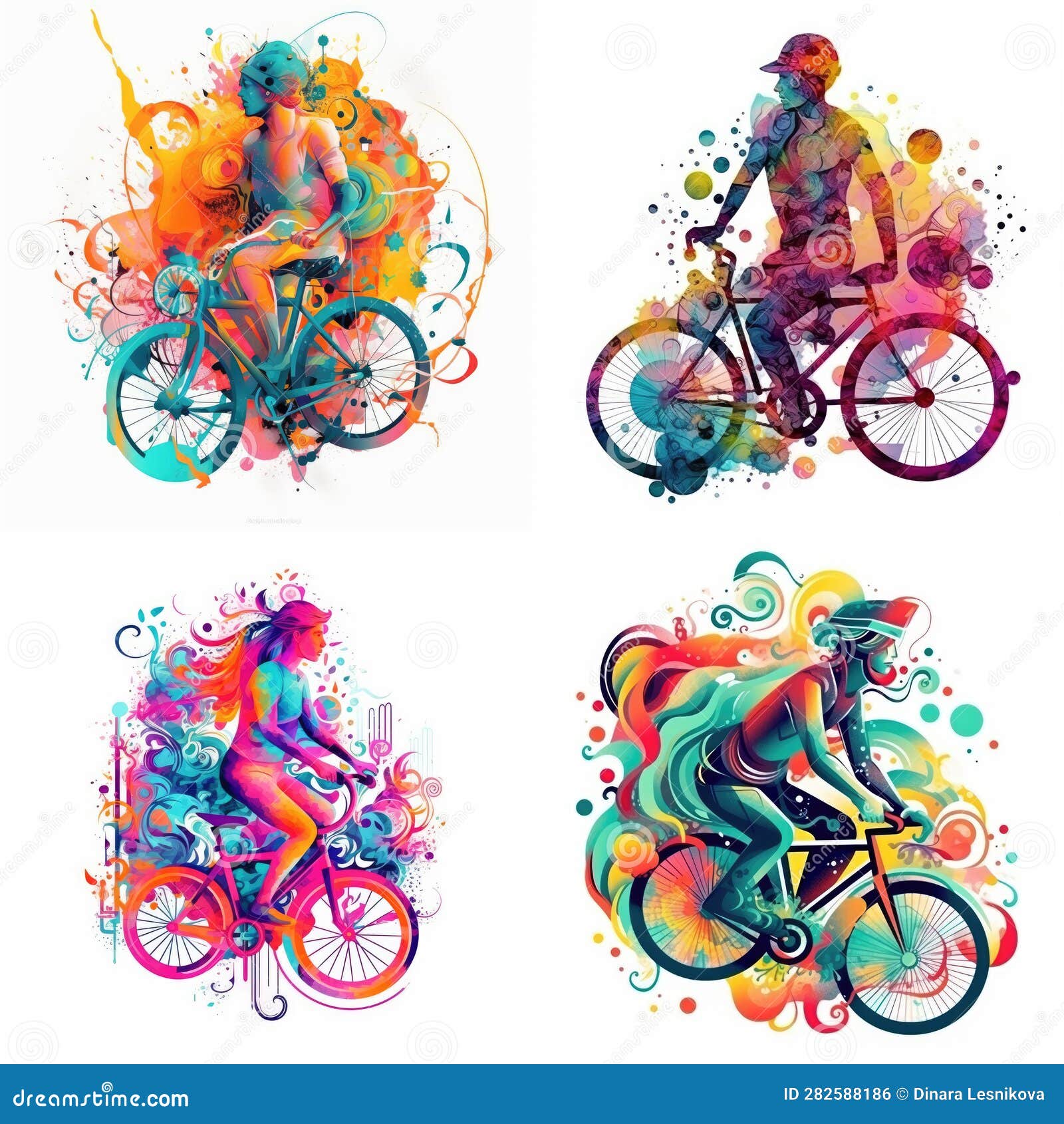 Set of Bright, Colorful Illustrations of Cyclists in a Surreal Style ...