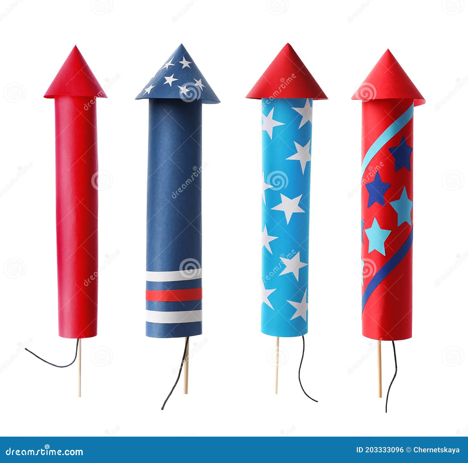 Set of Bright Firework Rockets Isolated on White Stock Photo - Image of ...