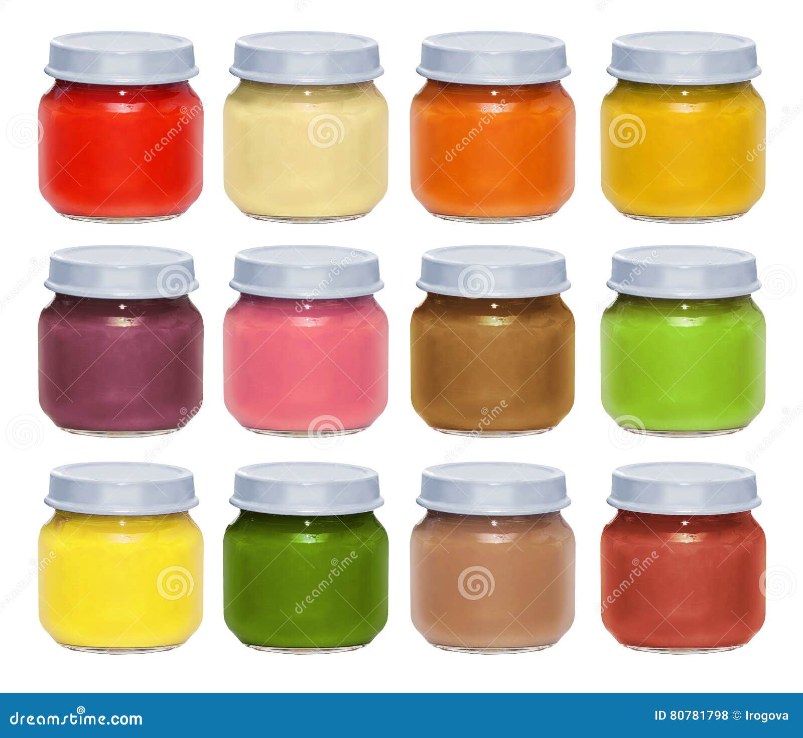 Set of Bright Multi-colored Cans with Baby Food Stock Photo - Image of ...