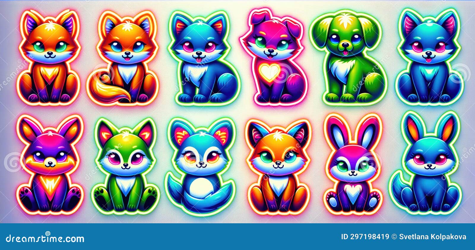Set of Bright Neon Stickers of Funny Animals Stock Illustration ...