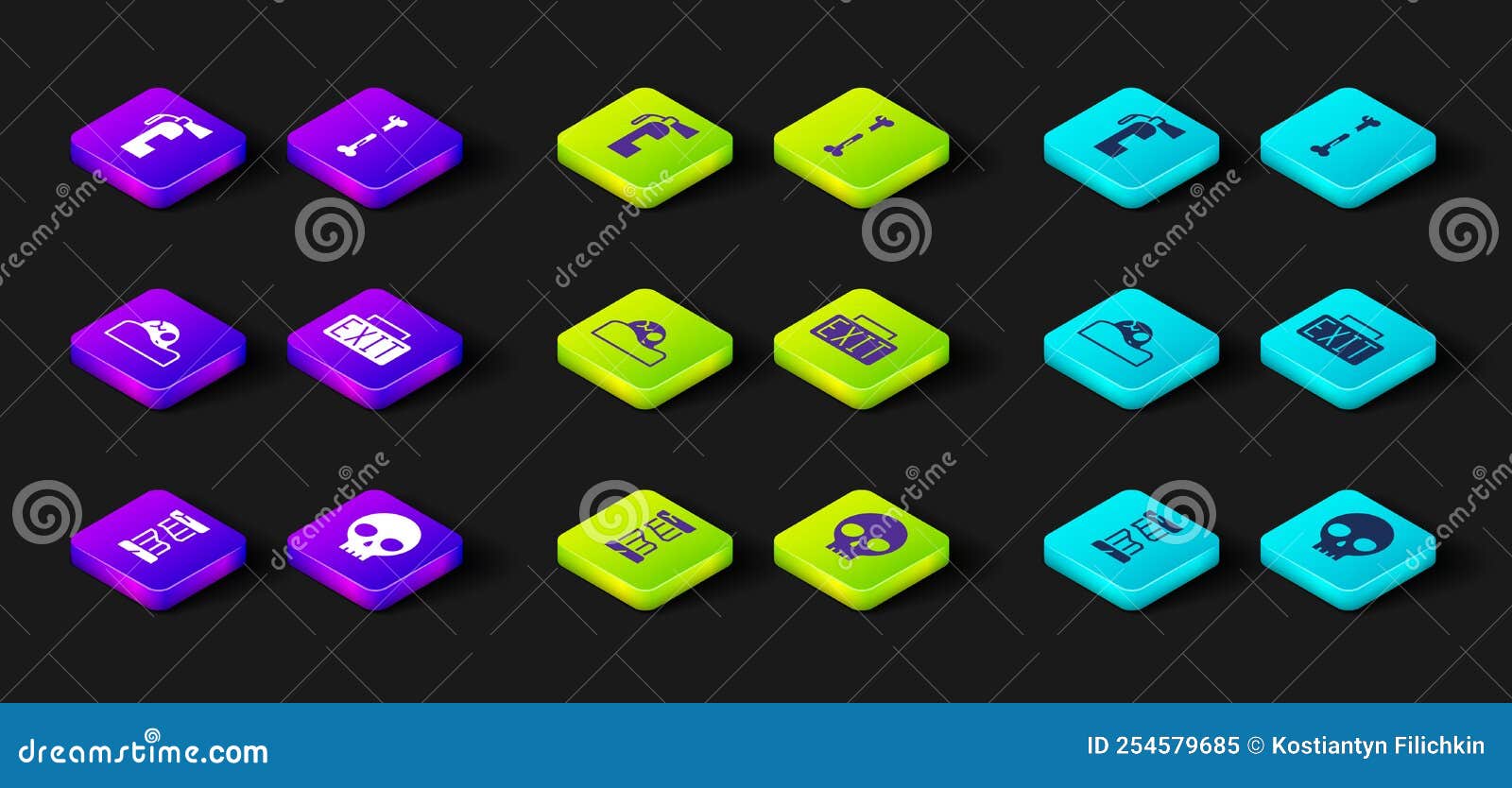 Set Broken Ancient Column, Human Skull, Exit Sign, Broken Bone and Fire ...