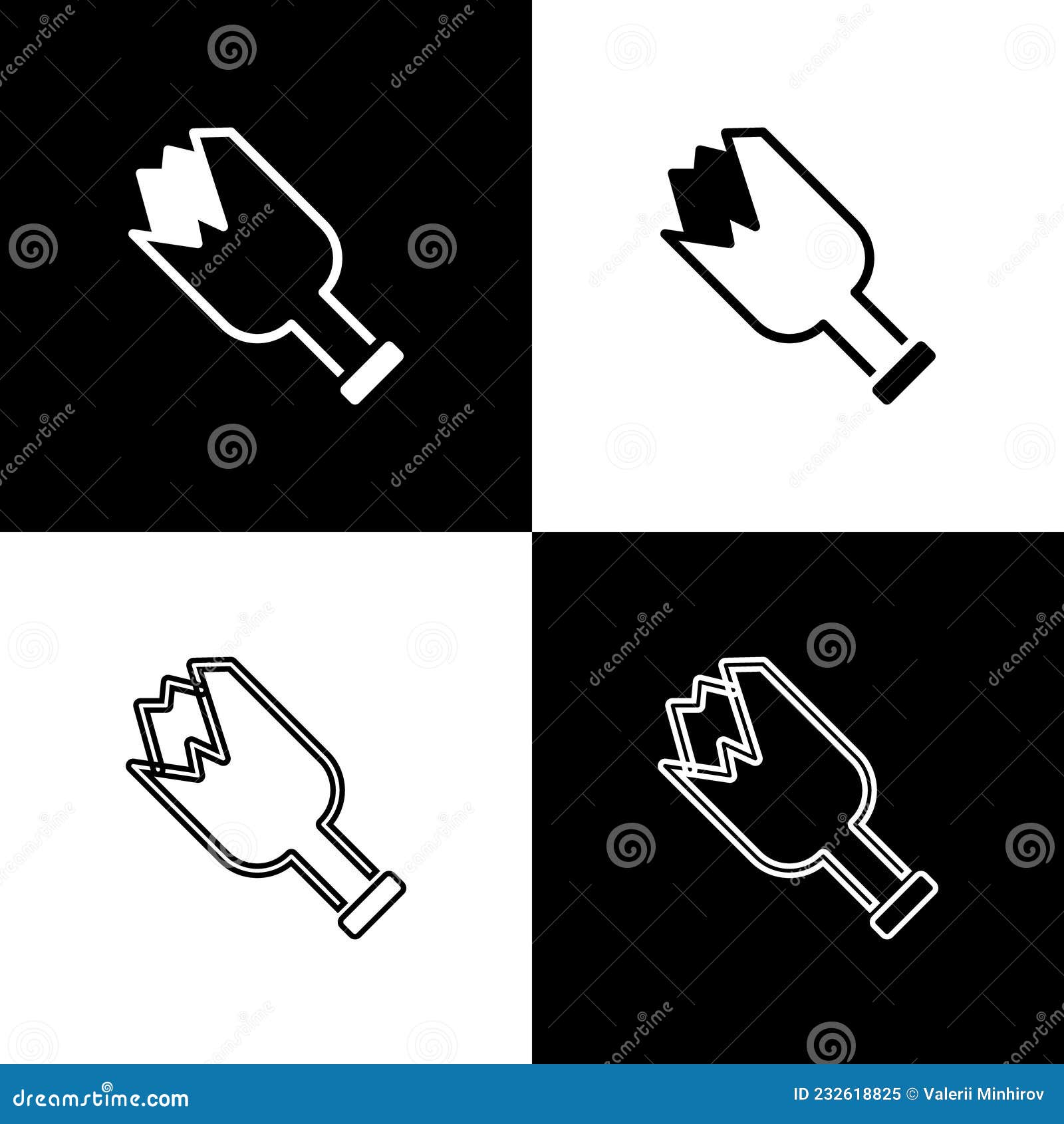 Set Broken Bottle As Weapon Icon Isolated on Black and White Background ...