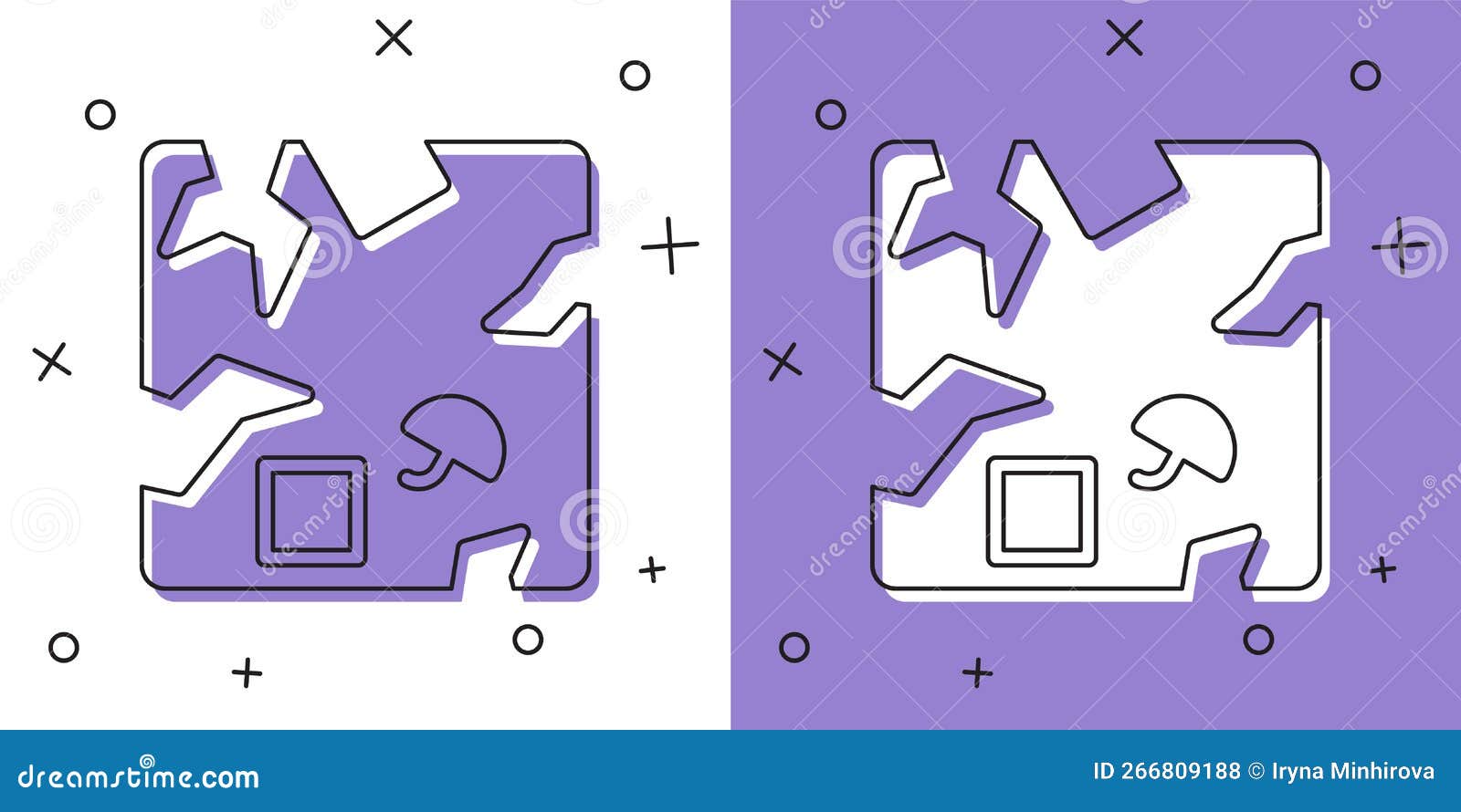 Set Broken Cardboard Box Icon Isolated on White and Purple Background ...