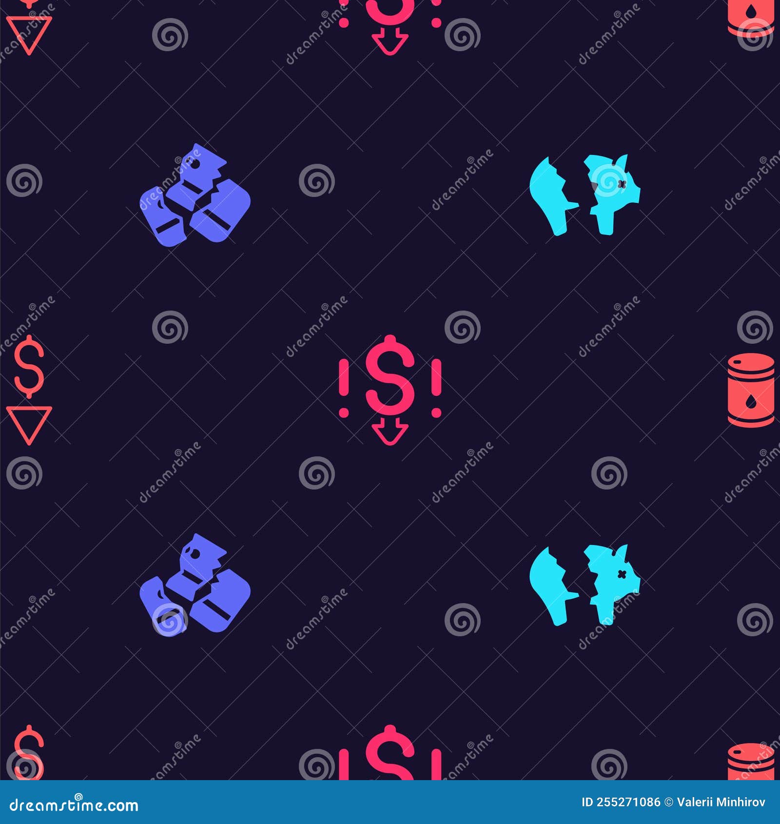 Set Broken Piggy Bank, Credit Card, Dollar Rate Decrease and Drop in Crude Oil Price on Seamless ...