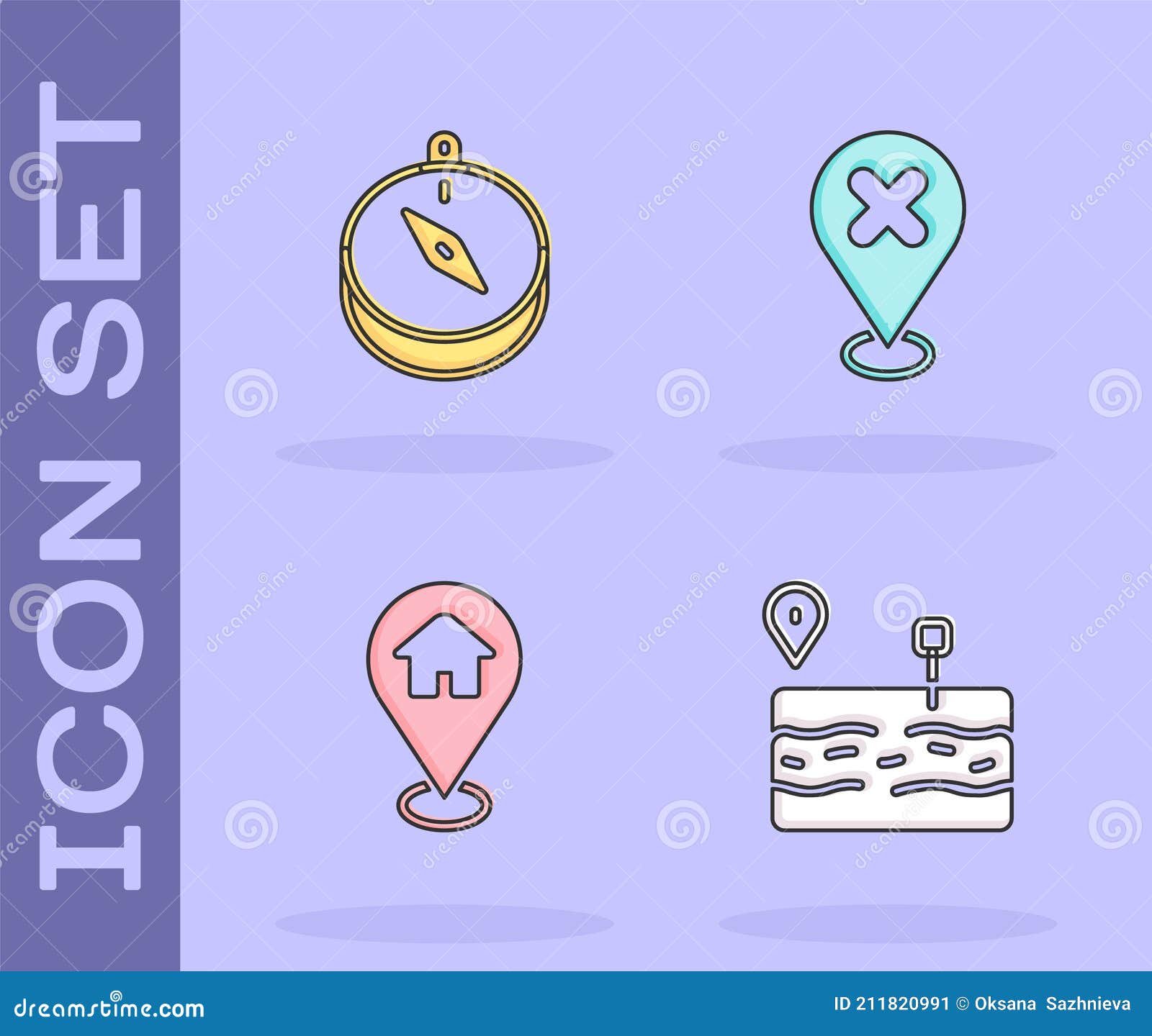 Set Broken Road, Compass, Location with House and Cross Mark Icon ...