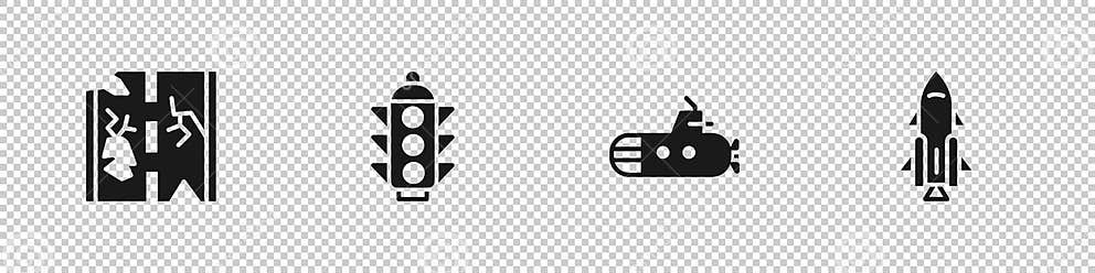 Set Broken Road, Traffic Light, Submarine and Rocket Ship with Fire ...