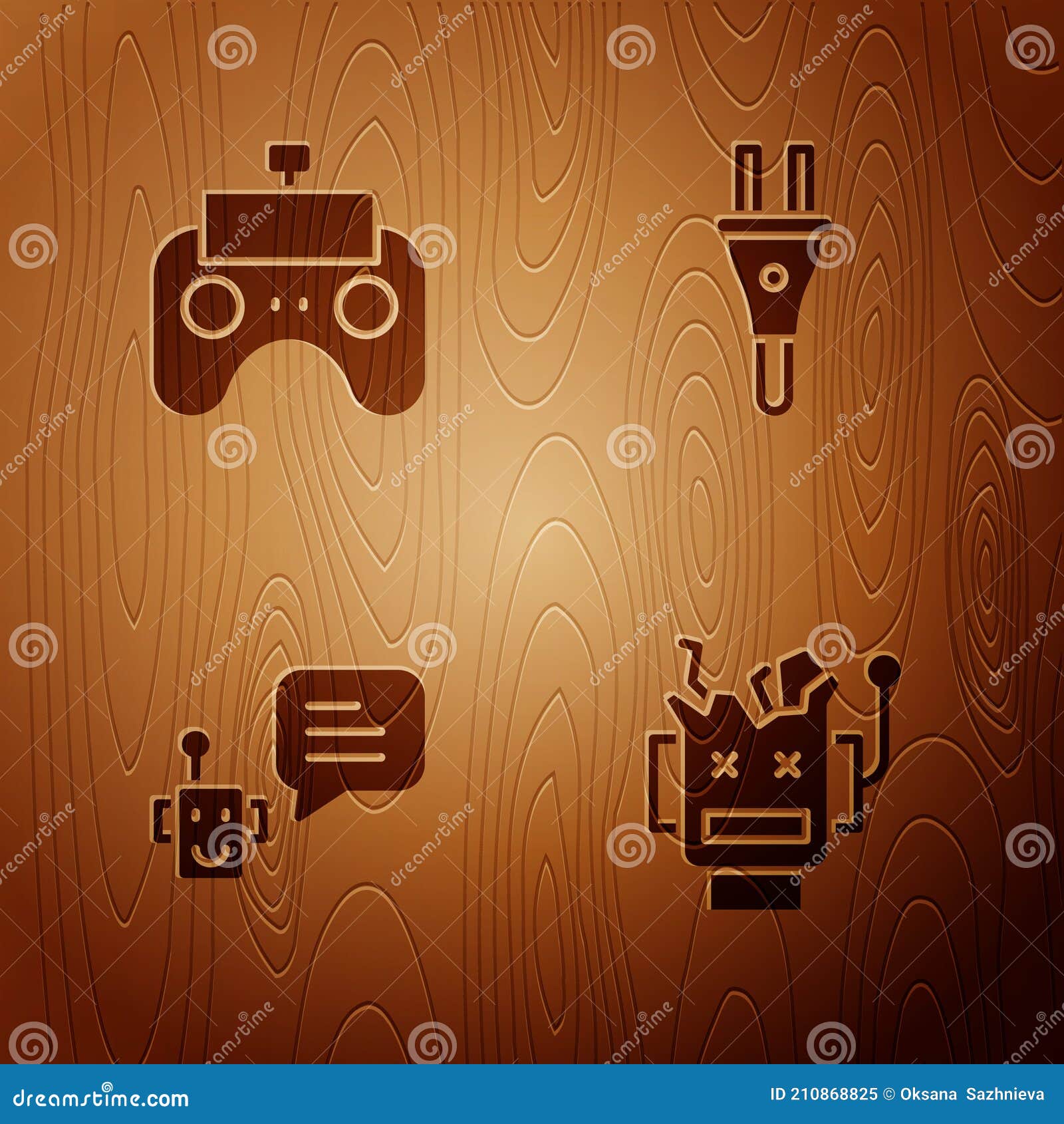 Set Broken Robot, Remote Control, Bot and Electric Plug on Wooden ...