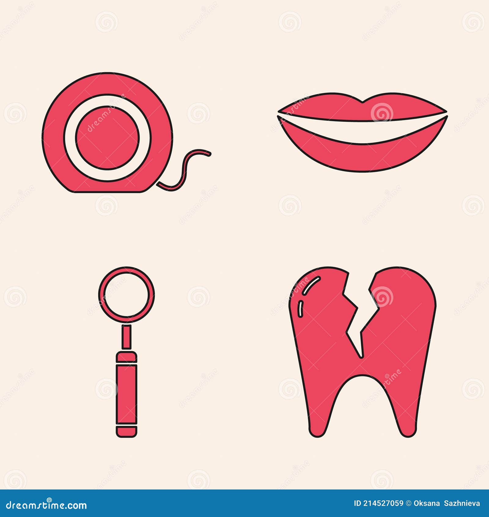 Set Broken Tooth, Dental Floss, Smiling Lips and Dental Inspection ...
