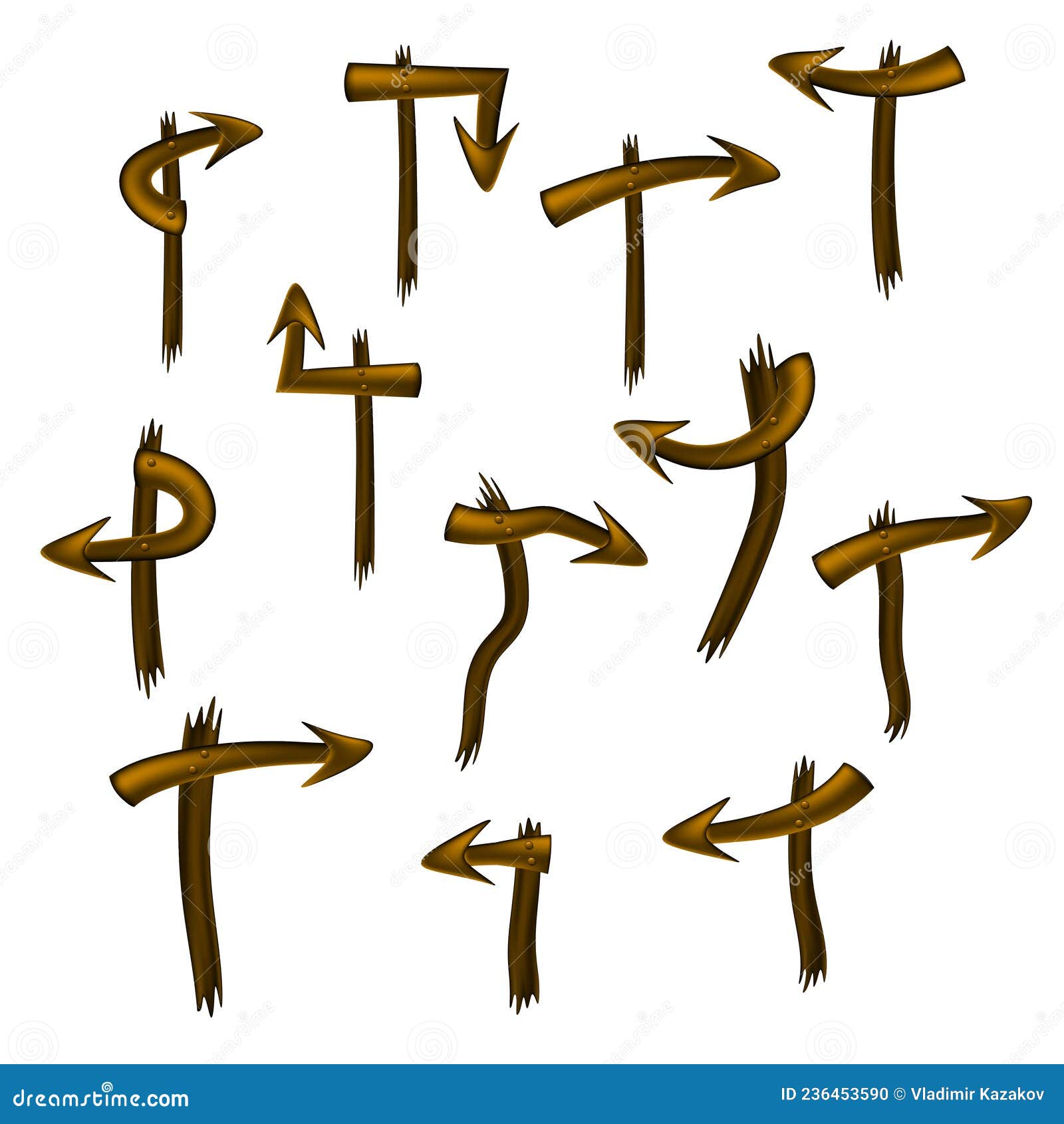 Set of Brown Arrows Pointers on Curved Posts Isolated on White. Post ...