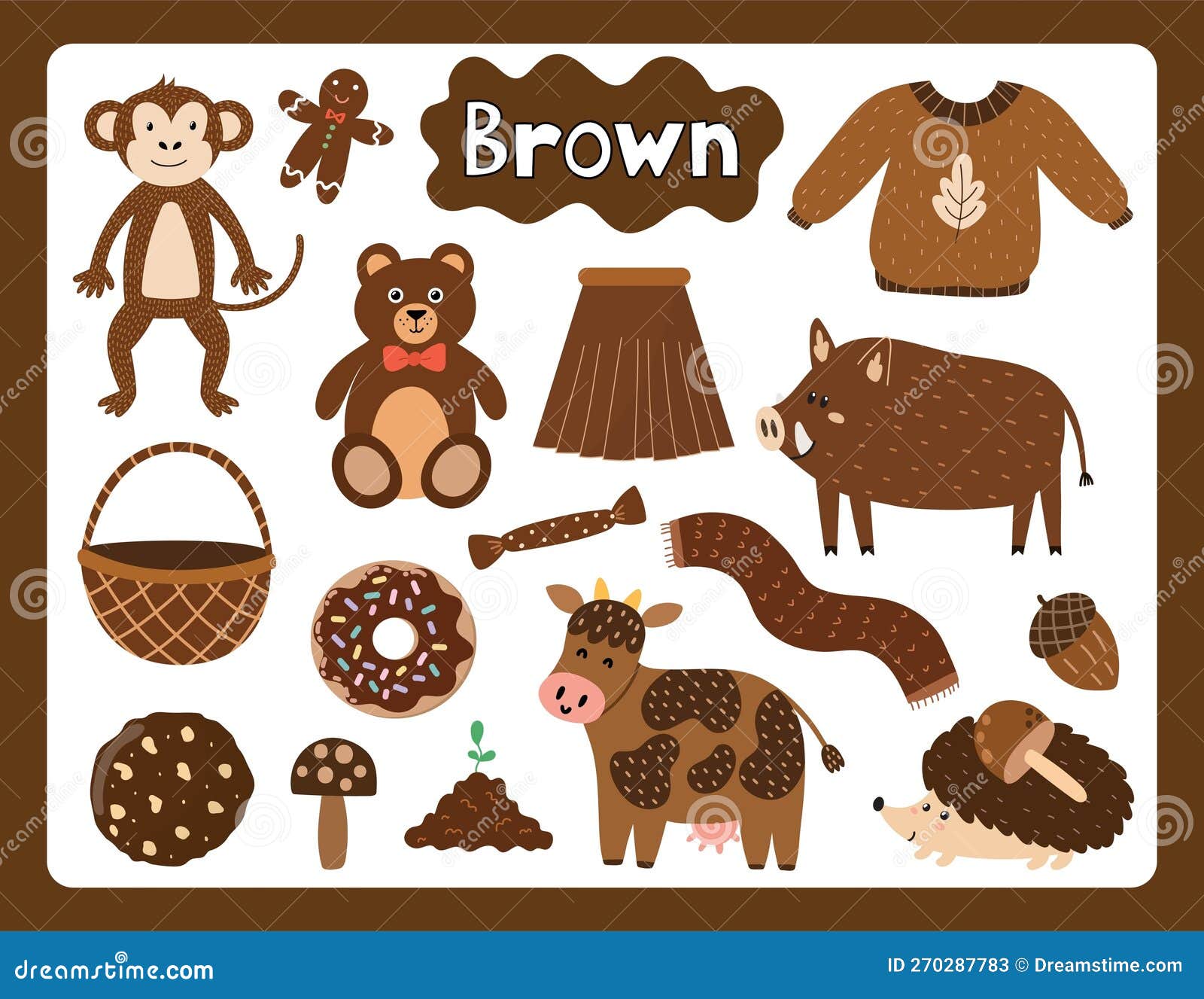 Set of Brown Color Objects. Primary Colors Flashcard with Brown ...
