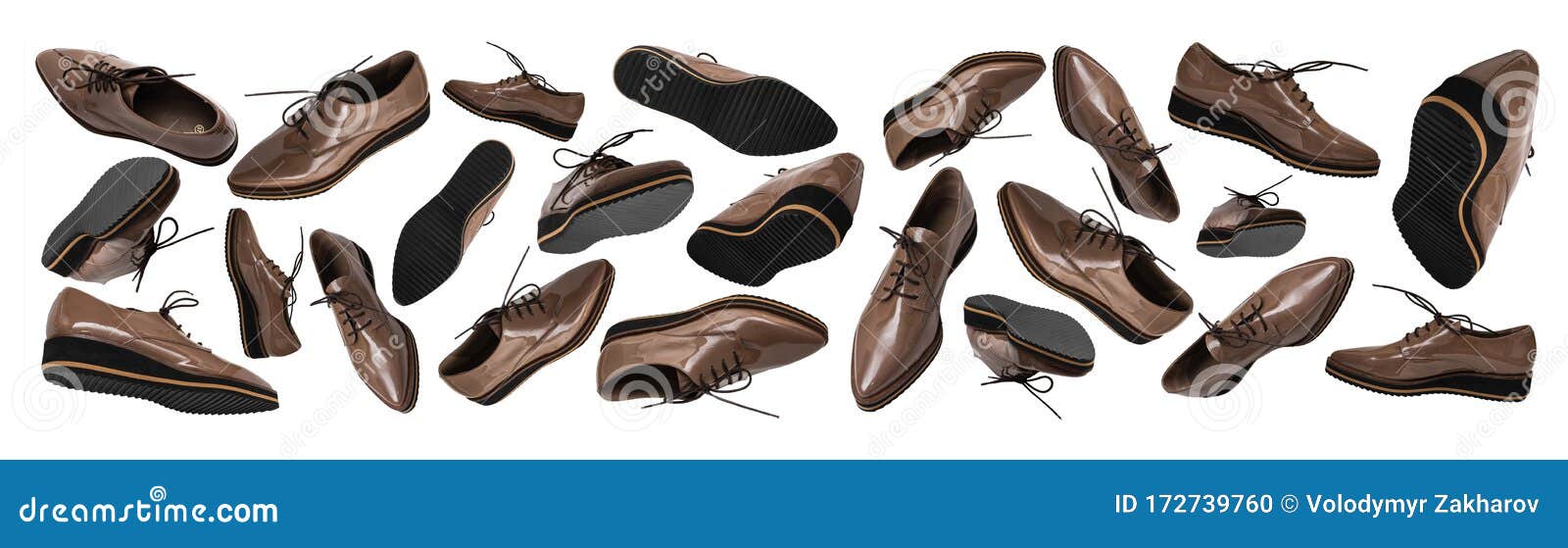 Set of Brown Patent Leather Shoes in Different Positions and Angles ...