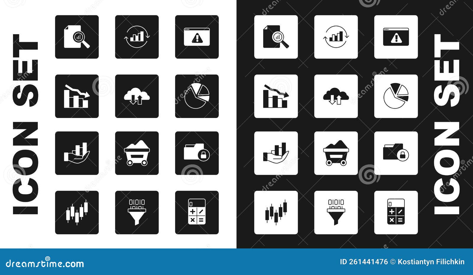 Set Browser with Exclamation Mark, Cloud Download and Upload, Financial Growth Decrease ...