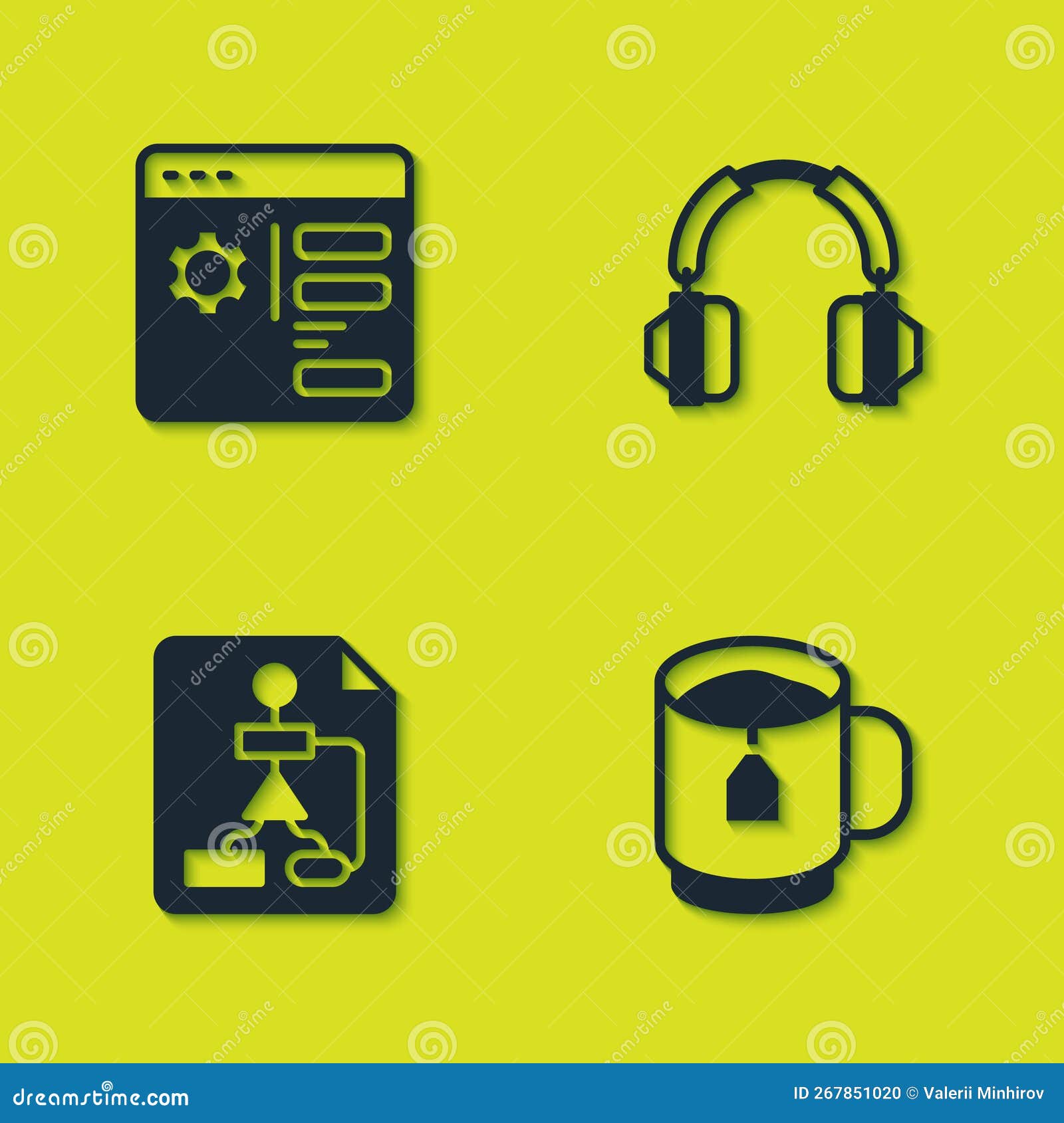 Set Browser Setting, Cup of Tea with Tea Bag, Flowchart and Headphones ... Set Browser Setting, Cup of Tea with Tea Bag, Flowchart and Headphones ...
