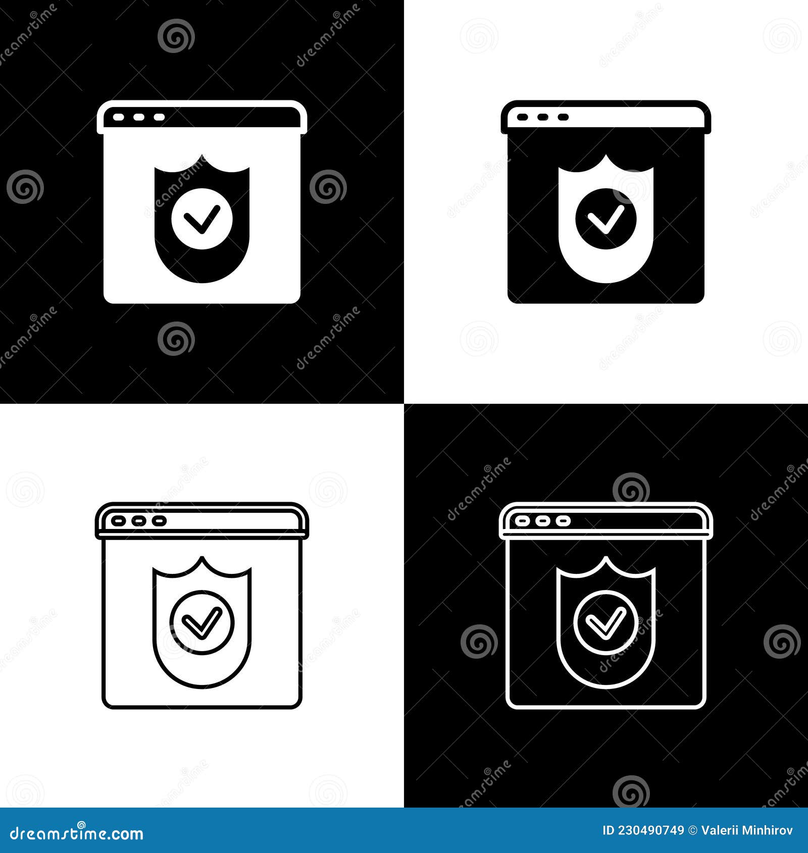 Set Browser with Shield Icon Isolated on Black and White Background. Security, Safety ...