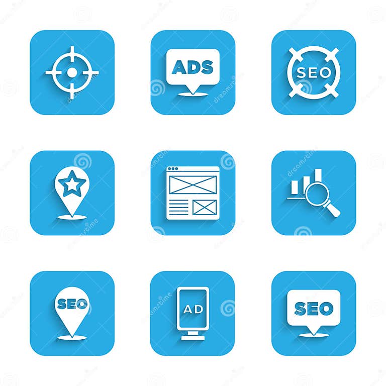 Set Browser Window, Advertising, SEO Optimization, Magnifying Glass and Analysis, Map Pointer ...