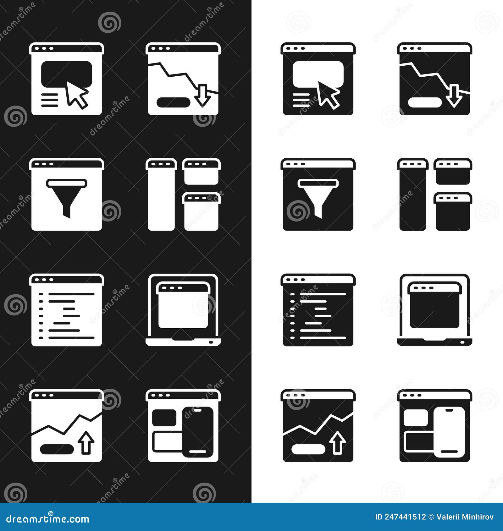 Set Browser Window, UI or UX Design, Financial Growth Decrease, Laptop with Browser, Web ...