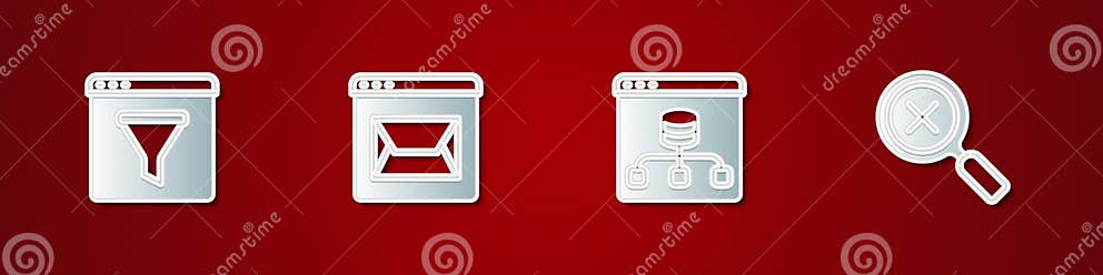 Set Browser Window, Website and Mail, Server, Data and Magnifying Glass Delete Icon. Vector ...