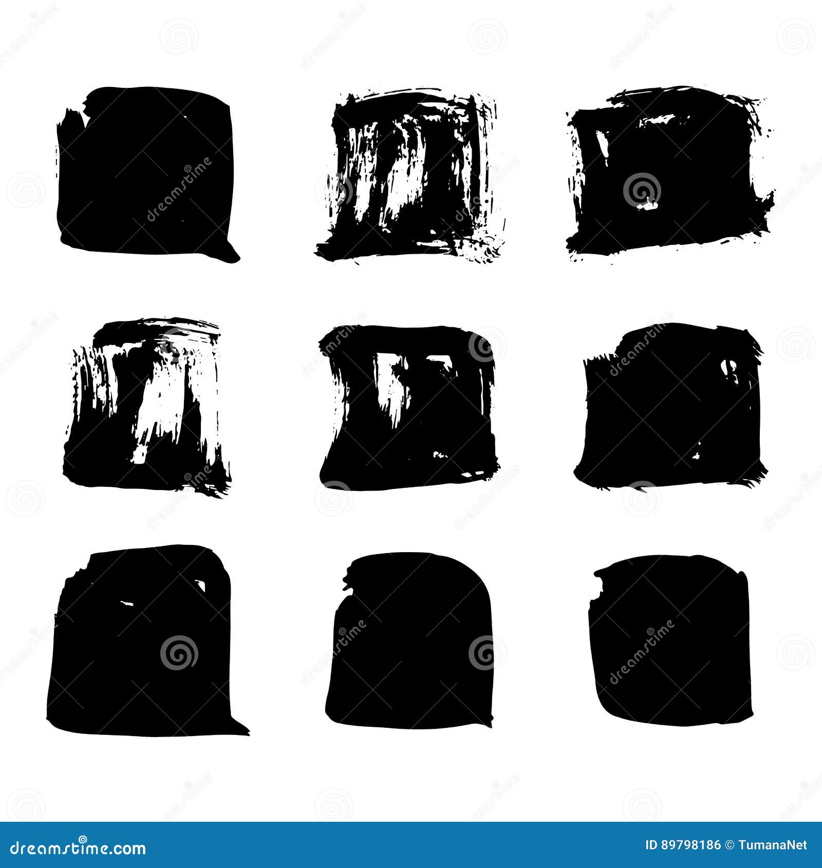 Set of Brush Hand Drawn Vector Black Ink Square Stains Isolated on the ...