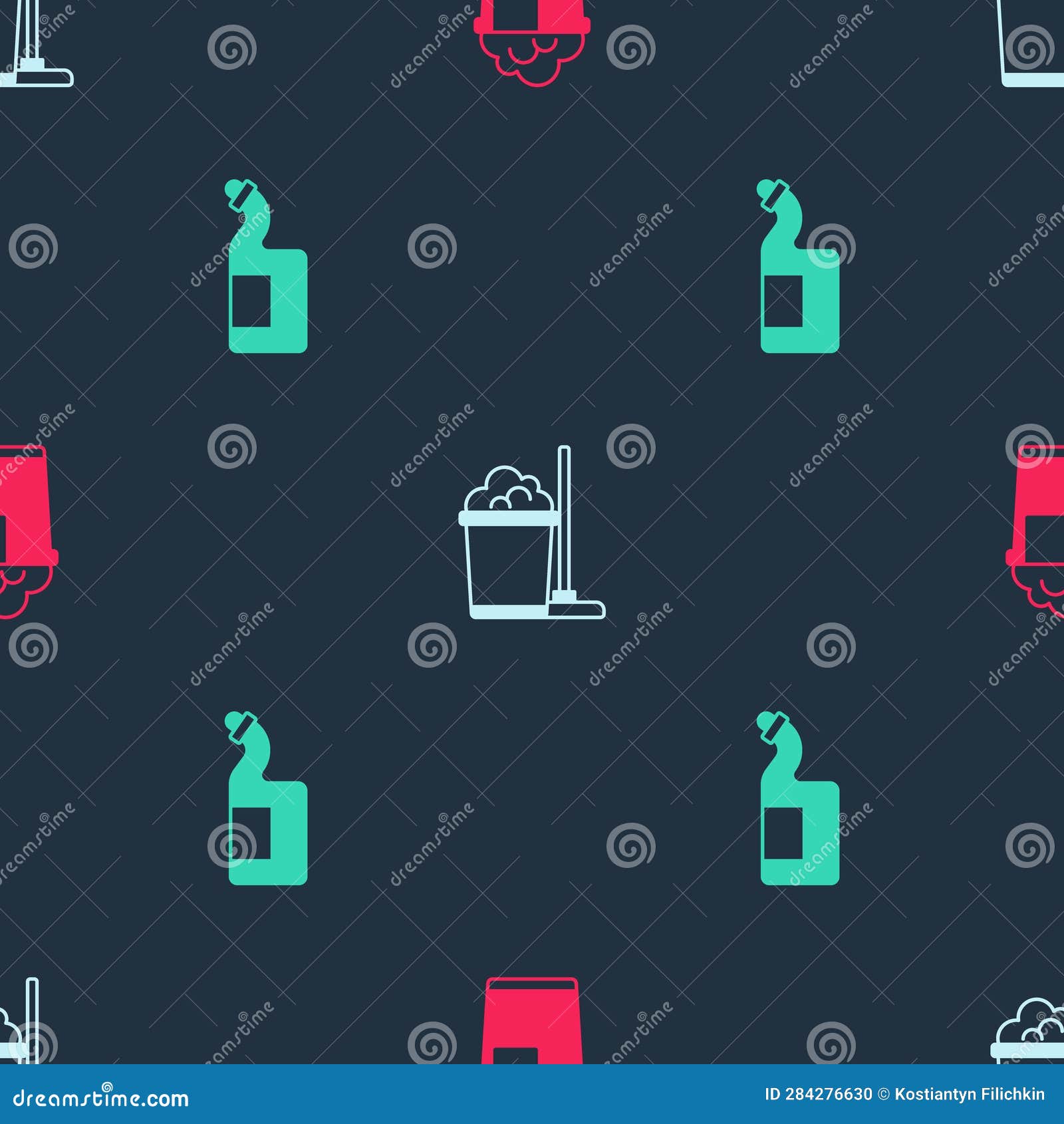 Set Bucket with Foam, Mop and Bucket and Dishwashing Liquid Bottle on ...