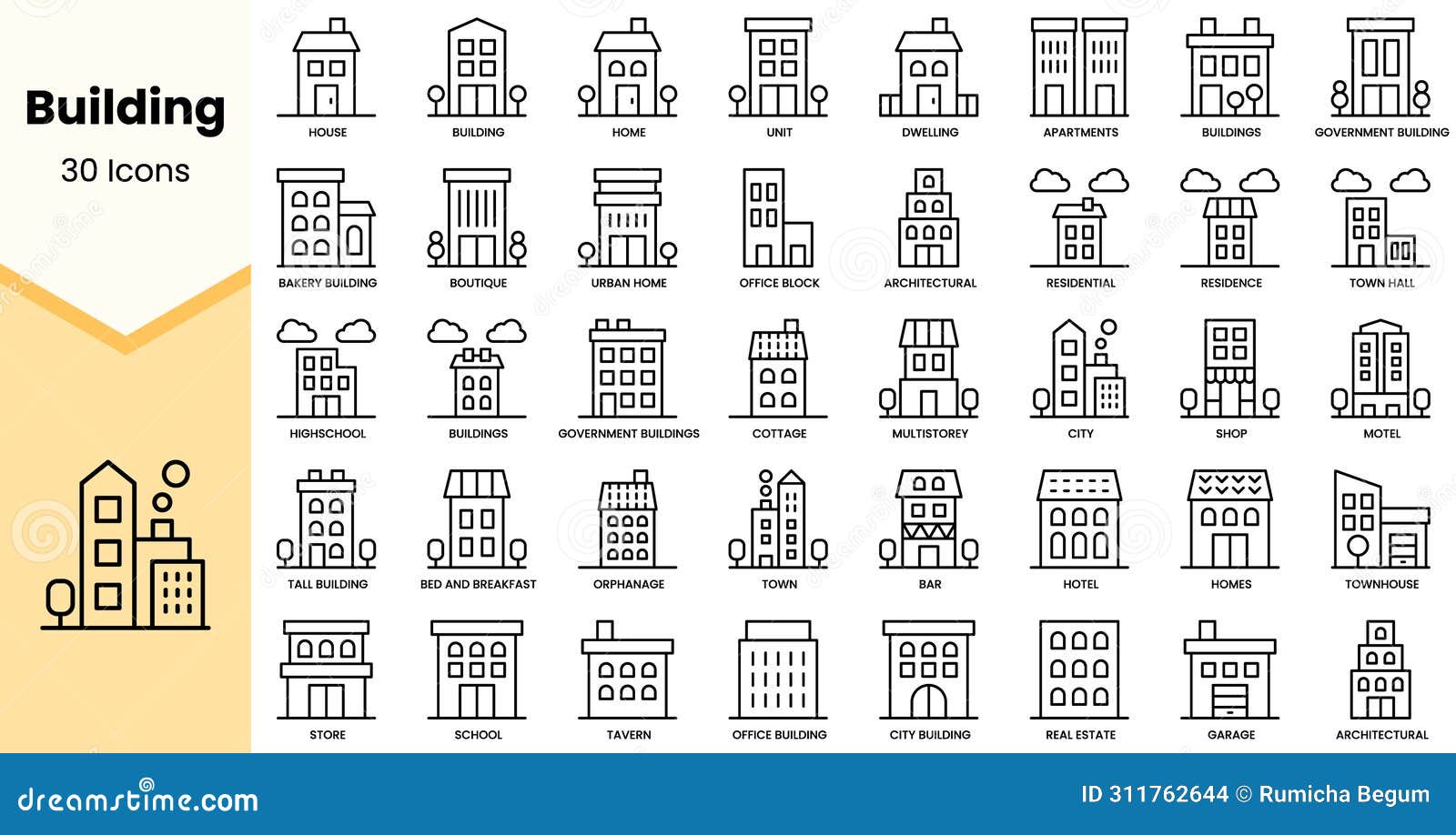 Set of Building Icons. Simple Line Art Style Icons Pack Stock Vector - Illustration of real ...