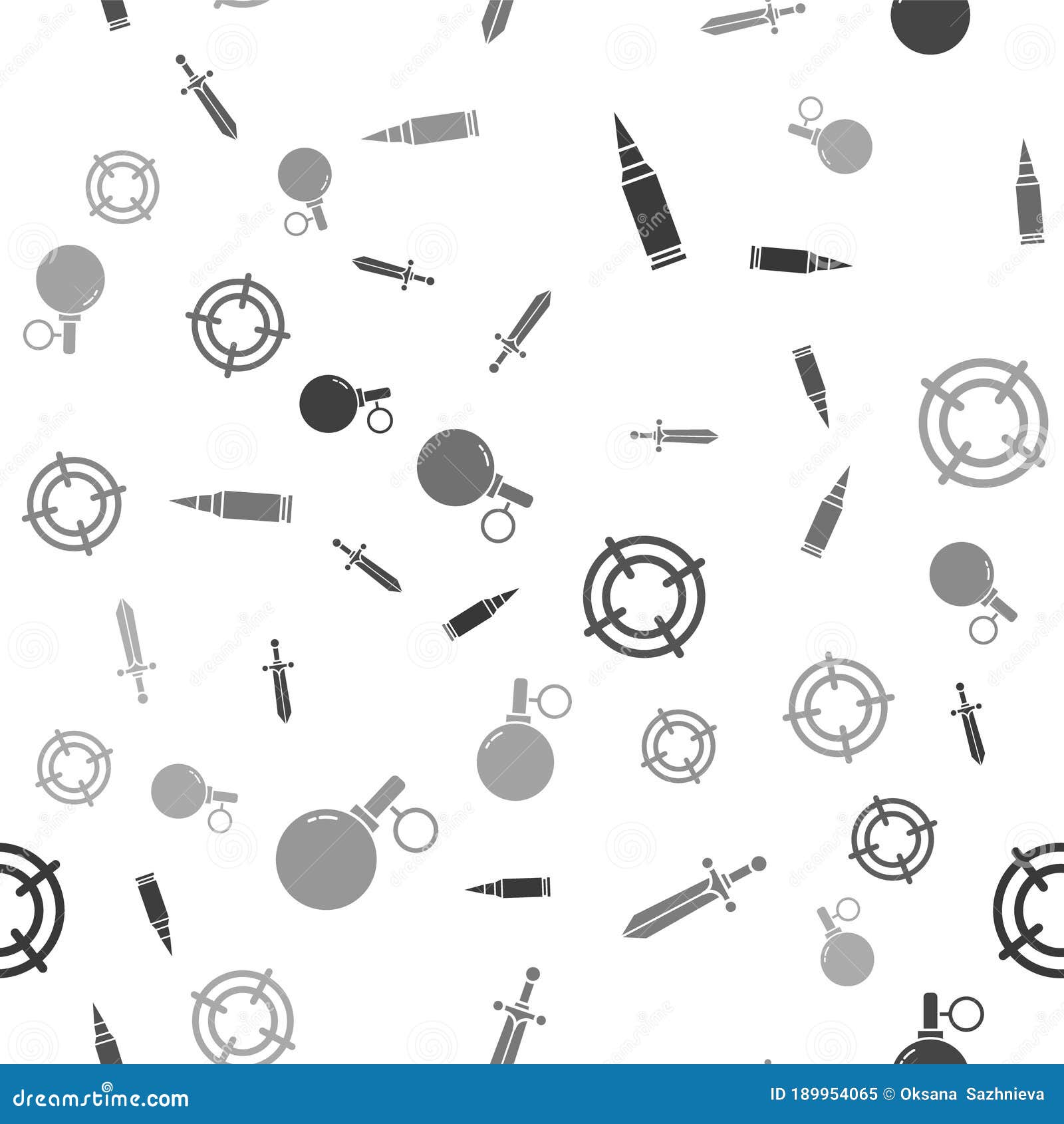 Set Bullet, Medieval Sword, Target Sport and Hand Grenade on Seamless ...
