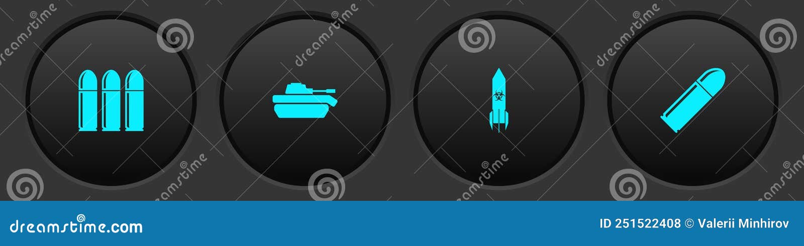 Set Bullet, Military Tank, Biohazard Rocket and Icon. Vector Stock ...