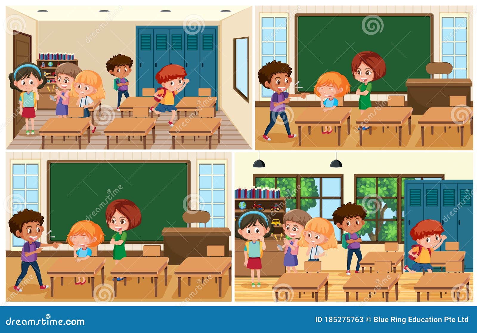 Bully Child. Cartoon Bad Kid Fight And Mock Crying Girl. Verbal And ...