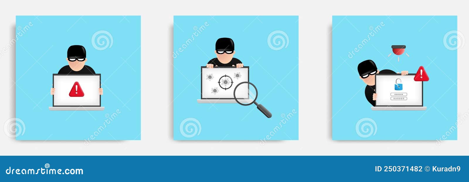 Set Bundle of Hacker Theft Data Breach Warning Notification. 3D Cartoon ...