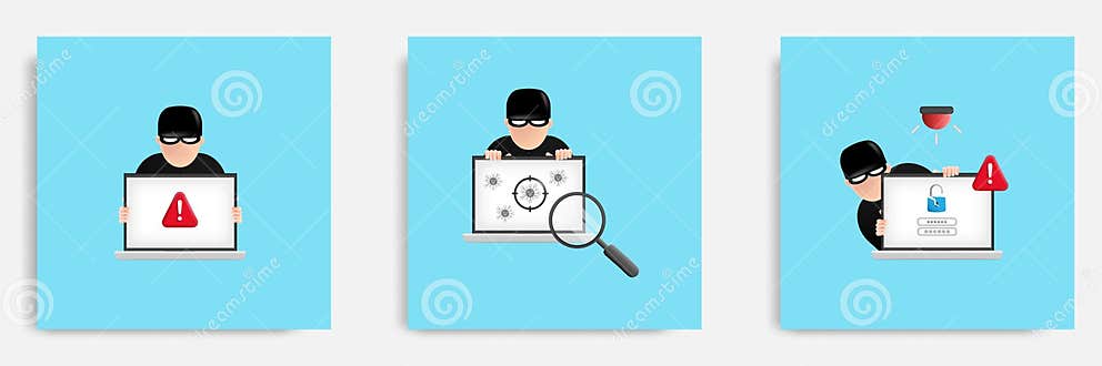 Set Bundle of Hacker Theft Data Breach Warning Notification. 3D Cartoon ...