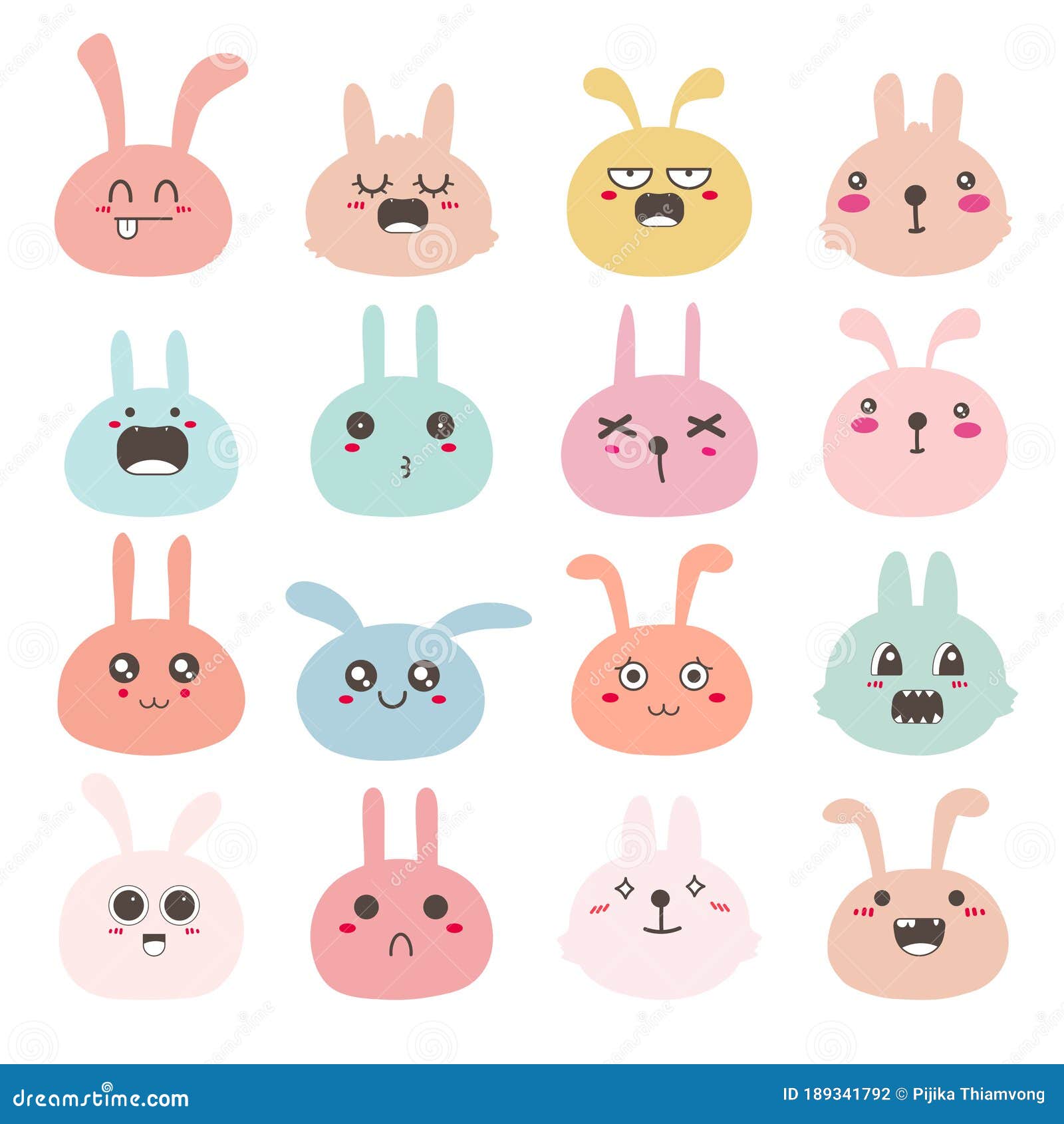 Set of Bunny Face Emoticons, Cute Rabbit Character Design. Stock Vector ...