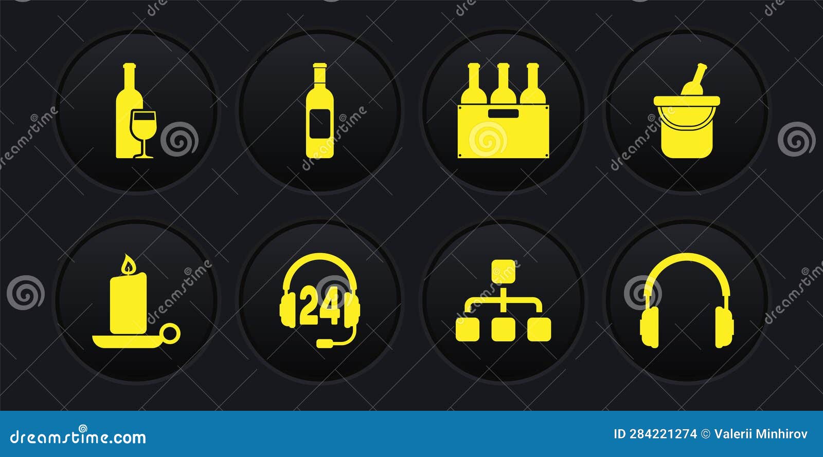 Set Burning Candle in Candlestick, Bottle of Wine Bucket, Headphone for ... Set Burning Candle in Candlestick, Bottle of Wine Bucket, Headphone for ...