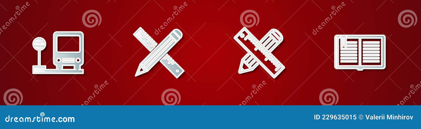 Set Bus Stop, Crossed Ruler and Pencil, and Open Book Icon. Vector ... Set Bus Stop, Crossed Ruler and Pencil, and Open Book Icon. Vector ...