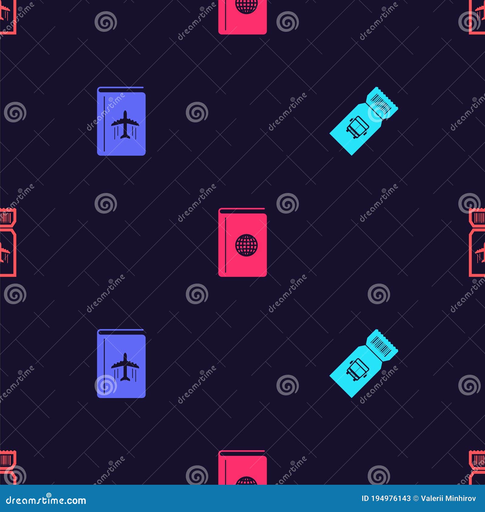 Set Bus Ticket, Cover Book Travel Guide, and Airline on Seamless ...