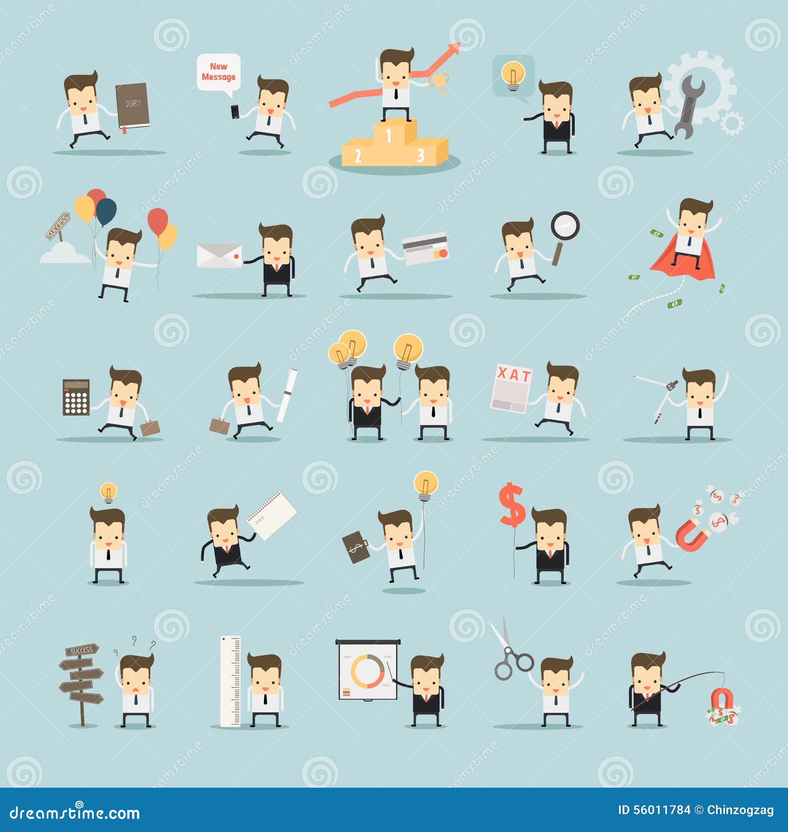 Set of Businessman Activities on Blue Background Stock Vector ...