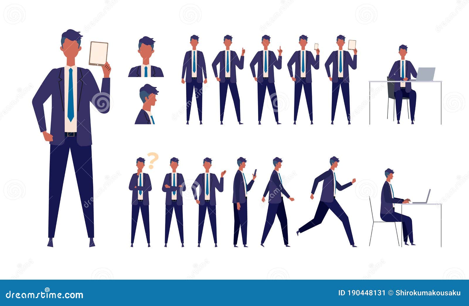 Set of Businessman Characters in Different Poses. Working, Standing ...