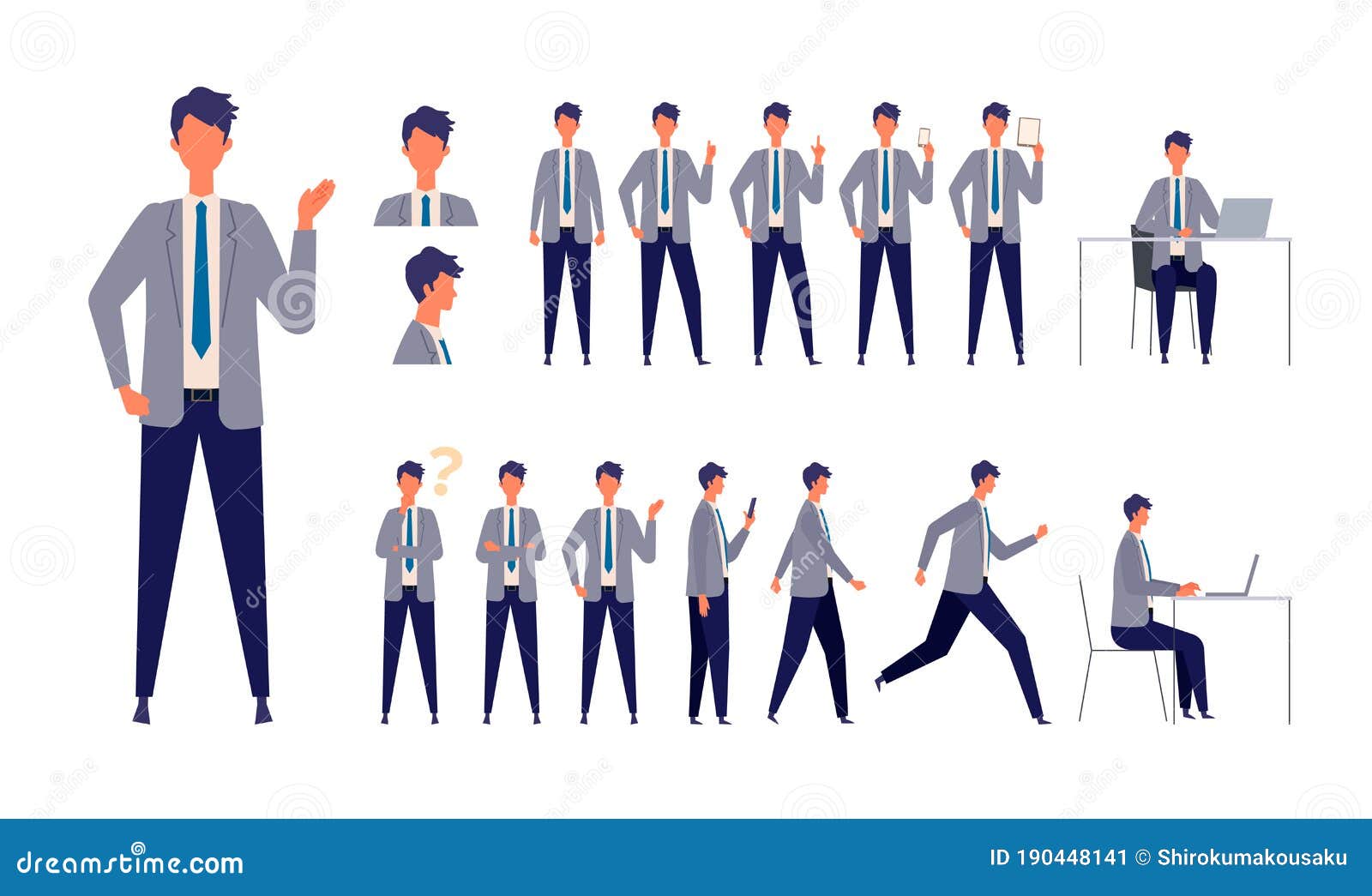Set of Businessman Characters in Different Poses. Working, Standing ...