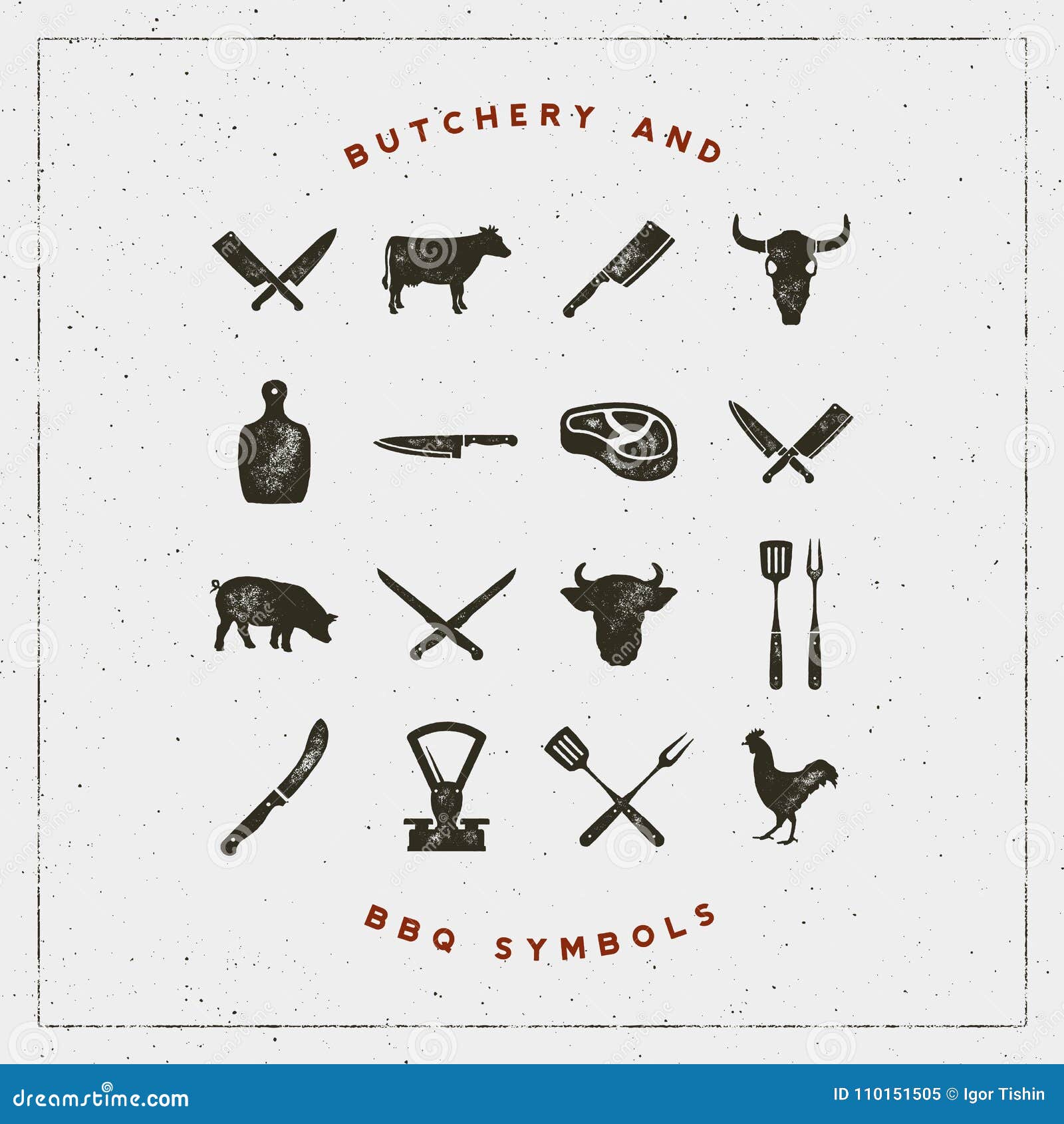 Set of Butchery and Barbecue Symbols with Letterpress Effect. Vector ...