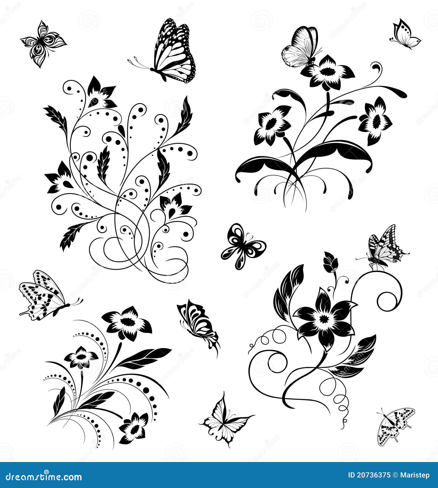 Set with Butterflies and Flower Patterns Stock Vector - Illustration of ...