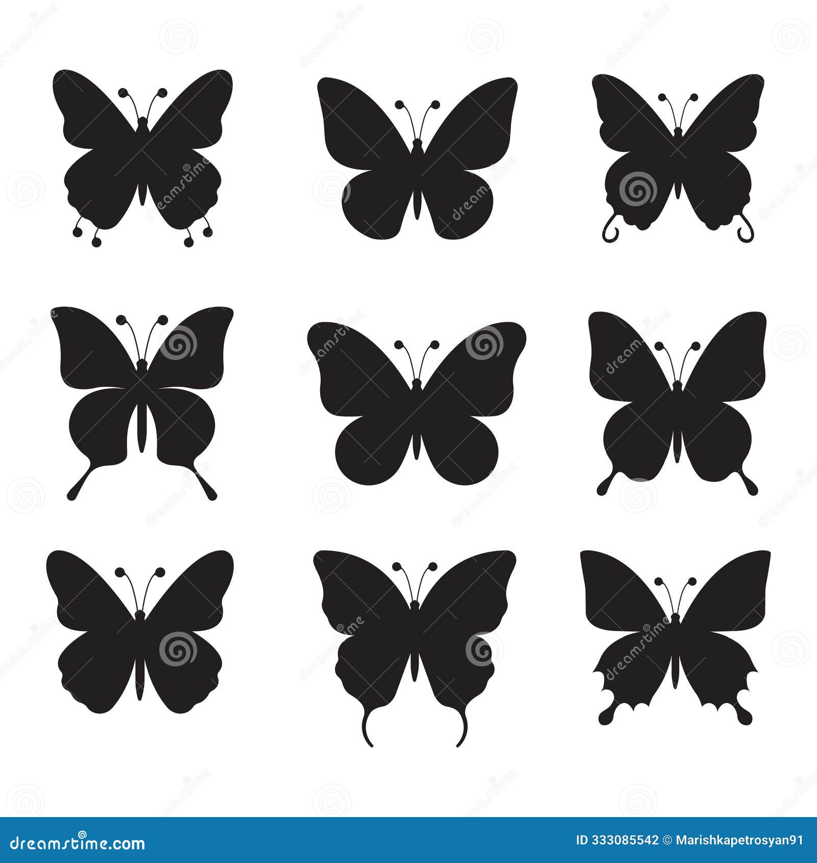 Set Of Butterfly Silhouettes Isolated On A White Background Stock