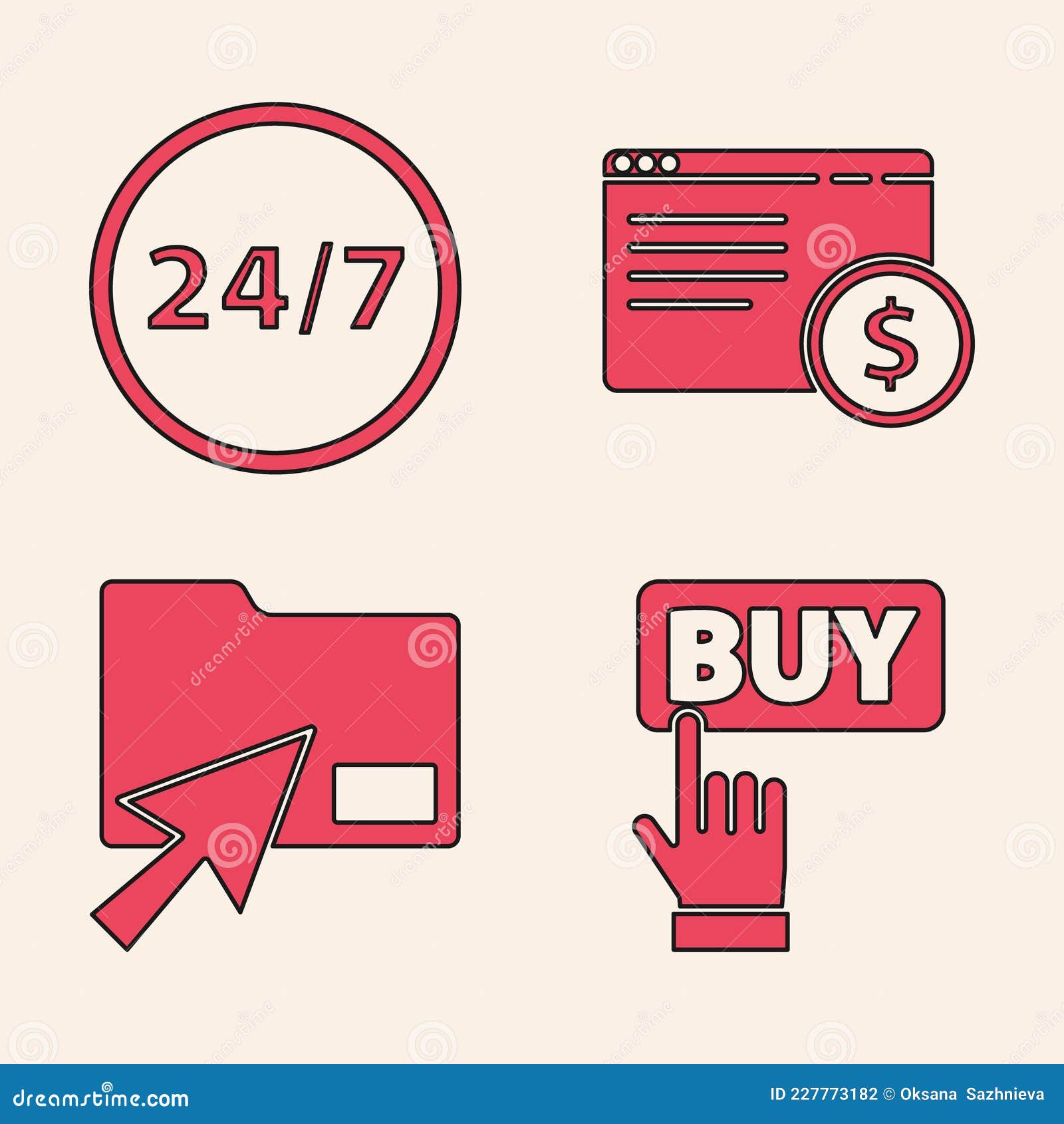 Set Buy Button, Clock 24 Hours, Online Shopping on Screen and Cursor Click Document Folder Icon ...